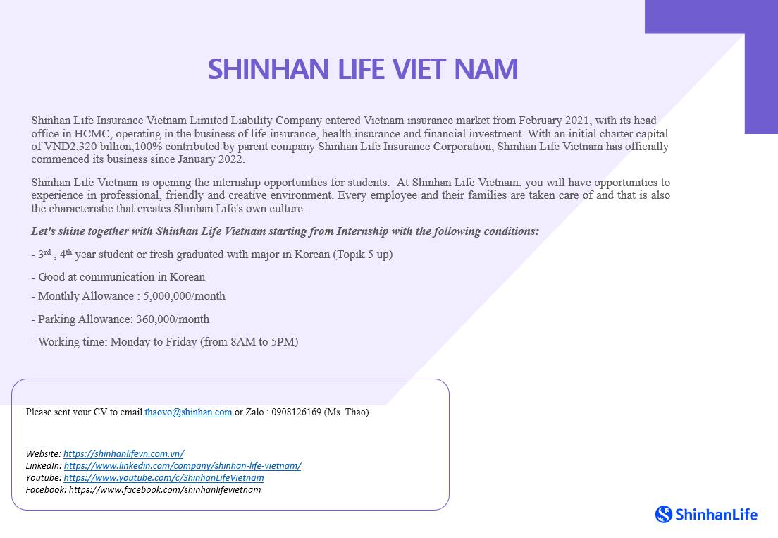 Công ty TNHH Bảo hiểm Shinhan Life Việt Nam tuyển dụng